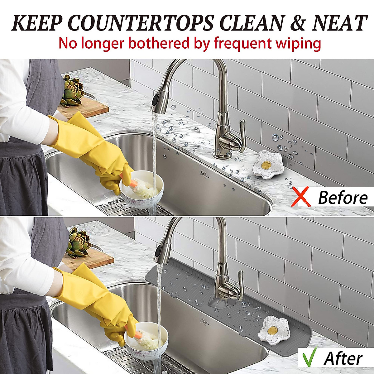 24 inches Extended Size Silicone Faucet Sink Splash Silicone Faucet Mat Drying Mat for Home Kitchen (Grey)