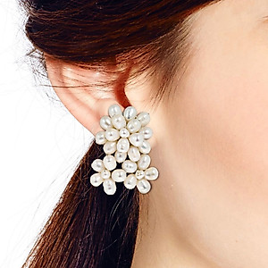 AeraVida Floral Cultured Freshwater White Pearls Clip on Non Piercing Earrings | White Clip on Earrings | Freshwater Beaded Pearl Clip on Earrings | Floral Clip On Earrings for Women