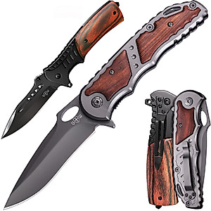 Grand Way Bundle of 2 Items - Pocket Knife - Best EDC Camping Hiking Hunting Knofe Gear Accessories for Men Wood Handle Sharp Blade Knifes - Gift for Men