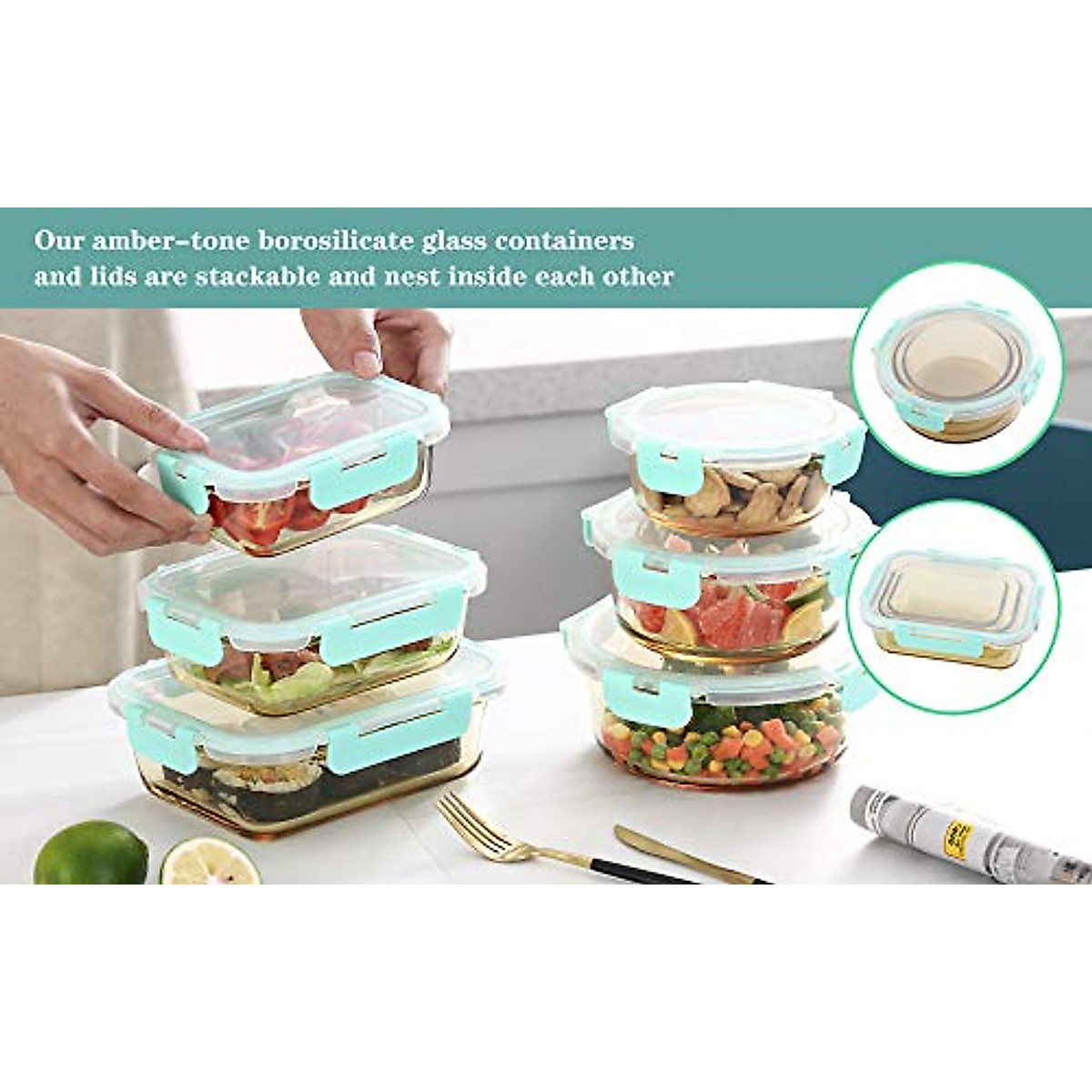 Emica Glass Food Container Set-6 Pack, Glass Amber Color Meal Prep Containers, Food Prep Containers Glass with Lids, Airtight Glass Bento Boxes (6 Containers & 6 Lids)