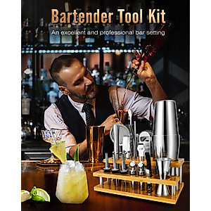 Cocktail Shakers Set Complete 24-Piece Bartender Kit Silver with Bar Tool Stand and Barware Tools Set for Home Bartending: Includes Boston Shaker, Jigger, Strainer, Mixer Spoon, Muddler, and More