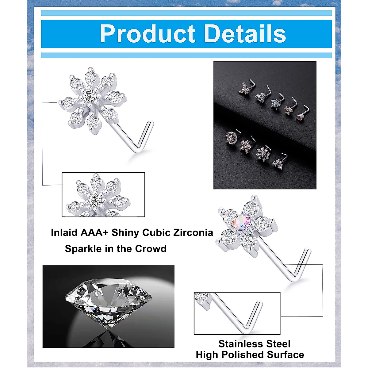 Tornito 9Pcs Nose Rings Stud L Shaped Nose Ring Flower CZ Snowflake Butterfly Screw Nose Stud Body Piercing Jewelry for Women Men 20G Silver Tone