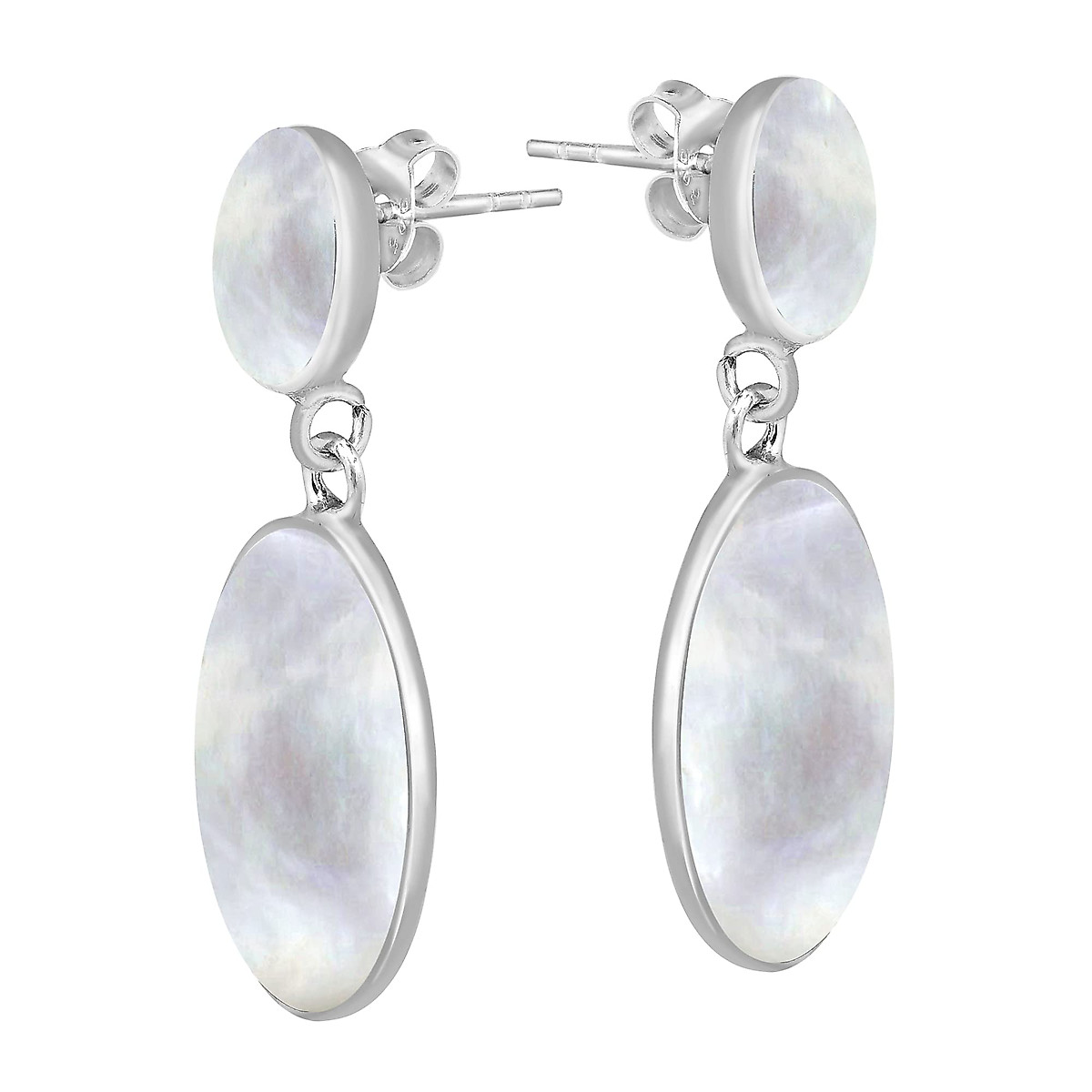 Classy Oval White Mother of Pearl Inlay .925 Sterling Silver Post Drop Dangle Earrings, 0.55x1.34 inch | Elegant Earrings | Pearl Fashion for Women