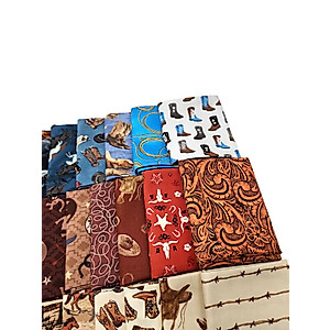 10 Fat Quarters - Assorted Western Cowboys Old West Out West Horses Rodeo Horse Lasso Boots Horseshoes Quilters Cotton Fabric Bundle M221.11