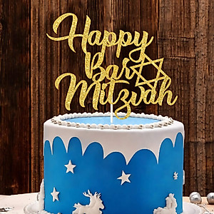 LILIPARTY Gold Glitter Happy Bar Mitzvah,Mitzvah Cake Topper,Elegant Star of David Mitzvah Cake Topper,Jewish Birthday Cake Topper,Jewish Holiday Party Supplies