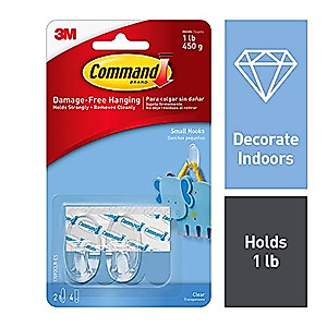 Command Small , Damage Free Hanging Wall Hooks with Adhesive Strips, No Tools Wall Hooks for Hanging Decorations in Living Spaces, 2 Clear Wall Hooks and 4 Command Strips