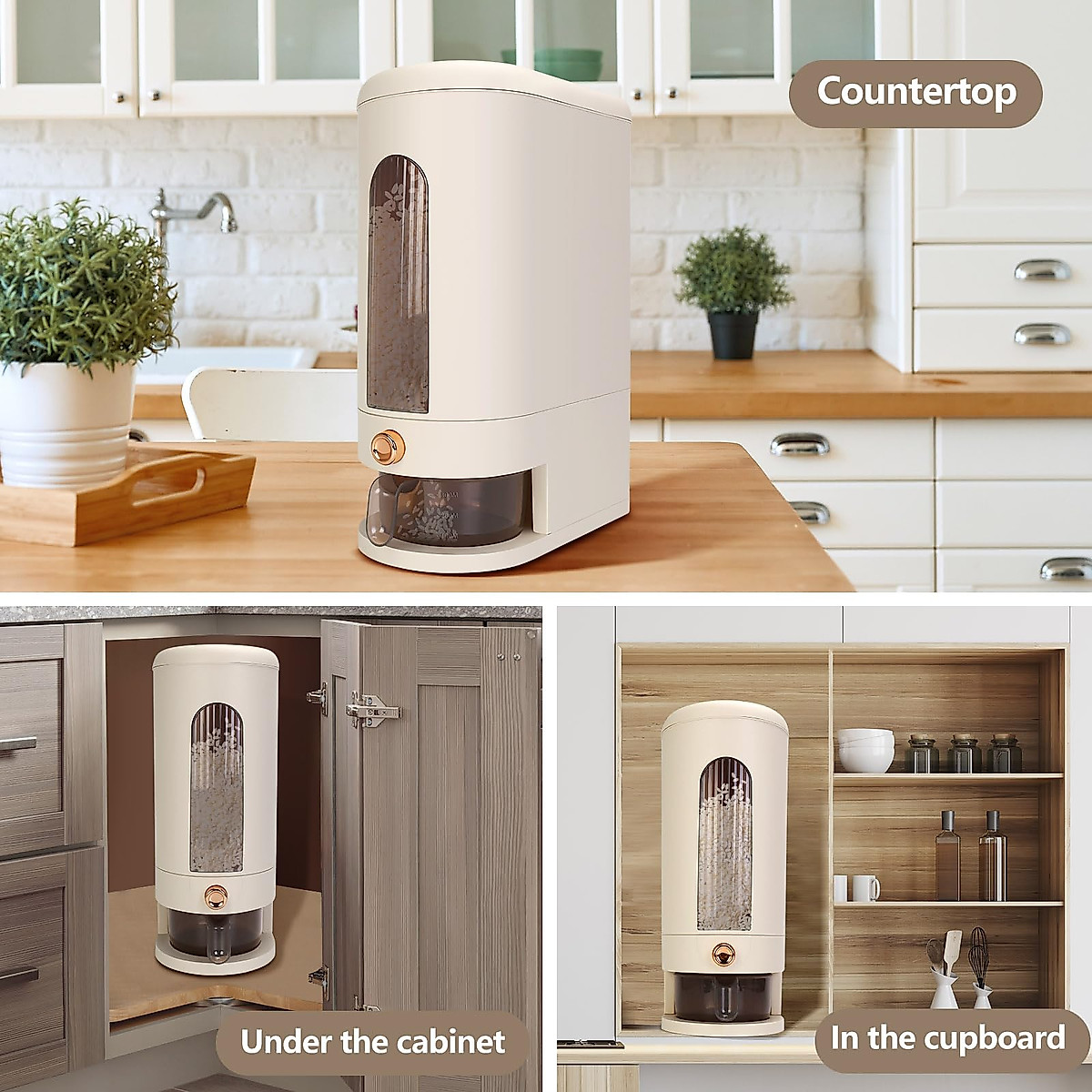 Triiter 25Lbs Rice Dispenser,Large Rice Container with Measuring Cup,Moisture Proof Cereal Dispenser Storage with Time Scale,Dry Food Dispenser,Kitchen Organization Home Pantry Rice Corn(Cream White)