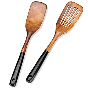2 Pcs Best Wooden Spatula Set for Cooking Kitchen Slotted Turner Spatula Flat Wood Wok Spatula Non Stick Cooking Utensils for Frying Mixing Teak Fish Spatula Turner Black Egg Flipper Spatulas