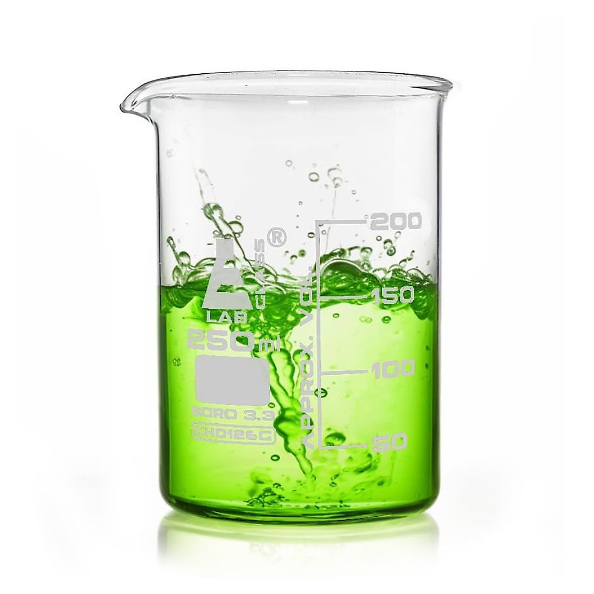 EISCO Beaker, 250ml - Low Form with Spout - White, 50ml Graduations - Borosilicate 3.3 Glass