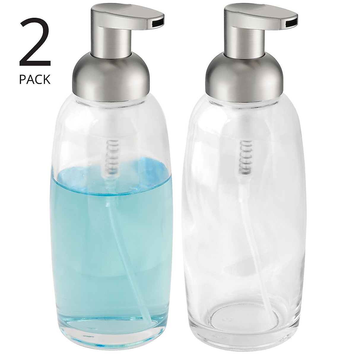 mDesign Modern Glass Refillable Foaming Soap Dispenser Pump Bottle for Bathroom Vanity Countertop, Kitchen Sink - Save on Soap - Vintage-Inspired, Compact Design - 2 Pack - Clear/Brushed