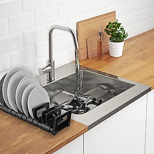 Linkidea Aluminum Alloy Dish Organizer Rack, for Cabinet Adjustable Plate Holder, Small Dish Drying Racks Storage Countertop Mount (Black)