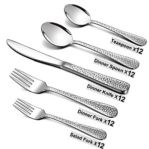 Homikit 20 Pieces Hammered Silverware Set, Stainless Steel Flatware Cutlery for 4, Fancy Metal Tableware Eating Utensils Include Knives Forks Spoons, Mirror Polish, Dishwasher Safe