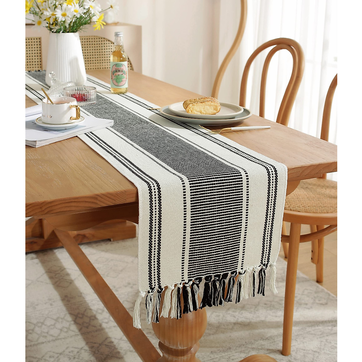 Caflife Boho Table Runner Balck and White for Modern Farmhouse Decor, Natural Cotton Woven Runner with Tassels for Home Dining Table décor 13 x 72 Inch Long