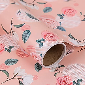 Aimyoo Pink Floral Wrapping Paper Roll 17 in x 10 ft, Vintage Flower Gift Wrap for Wedding Bridal Shower Birthday