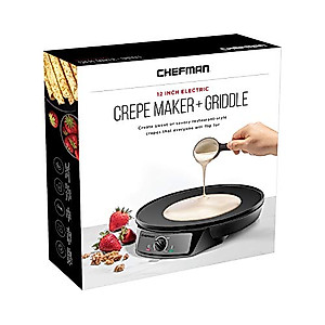 Chefman Electric Crepe Maker & Griddle, Precise Temperature Control Skillet for Perfect Brunch Blintzes, Pancakes, Eggs, Bacon, & Tortillas, 12" Nonstick Grill Pan, Includes Batter Spreader & Spatula