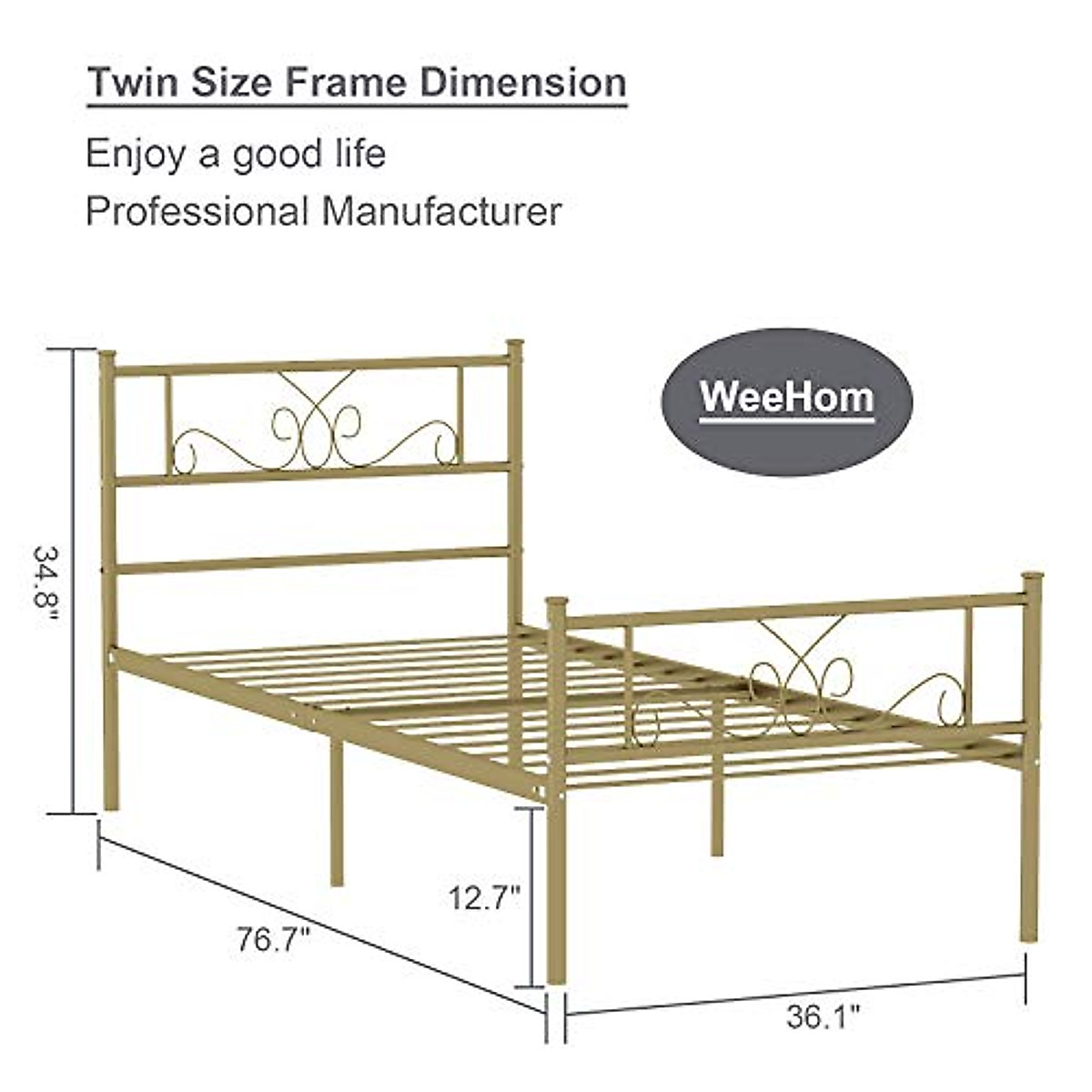 SimLife Twin Bed Frame with Headboard and Footboard Metal Platform Bed Frame Under Bed Storage Mattress Foundation No Box Spring Need Gold