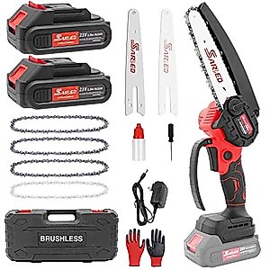 Mini Chainsaw 6 Inch Cordless,SARRED 6 Inch Cordless Brushless Small Electric Portable Chainsaw Handheld Rechargeable Battery Chainsaw with 2 Batteries 3 Chains for Gardening Tree Branch Trimming
