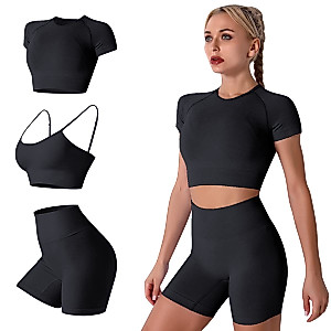 Black Workout Sets for Women: 3 Piece Yoga Outfit Tracksuit High Waisted Running Biker Shorts with Strap Sport Bra Shirt Crop Top Exercise Running Clothes Athletic Gym Sets Matching Active Wear Medium