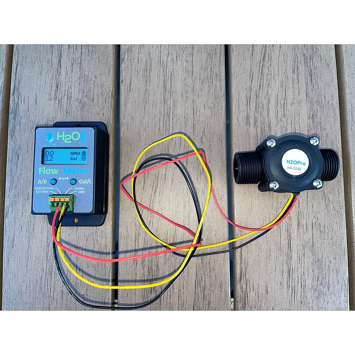 Flow Meter Including Flow Sensor, Digital Display, Flow and Accumulated Volume Measurements in Gallons or Liters, 2 AA Batteries or 1.8-5.5VDC External Power Supply, New! Longer Battery Life