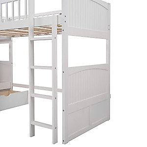 GLORHOME Twin-Over-Twin Triple Bed Wooden L-Shaped Bunk Bed with Ladders and 2 Storage Drawers, Space Saving Bedroom Furniture for Kids Teens