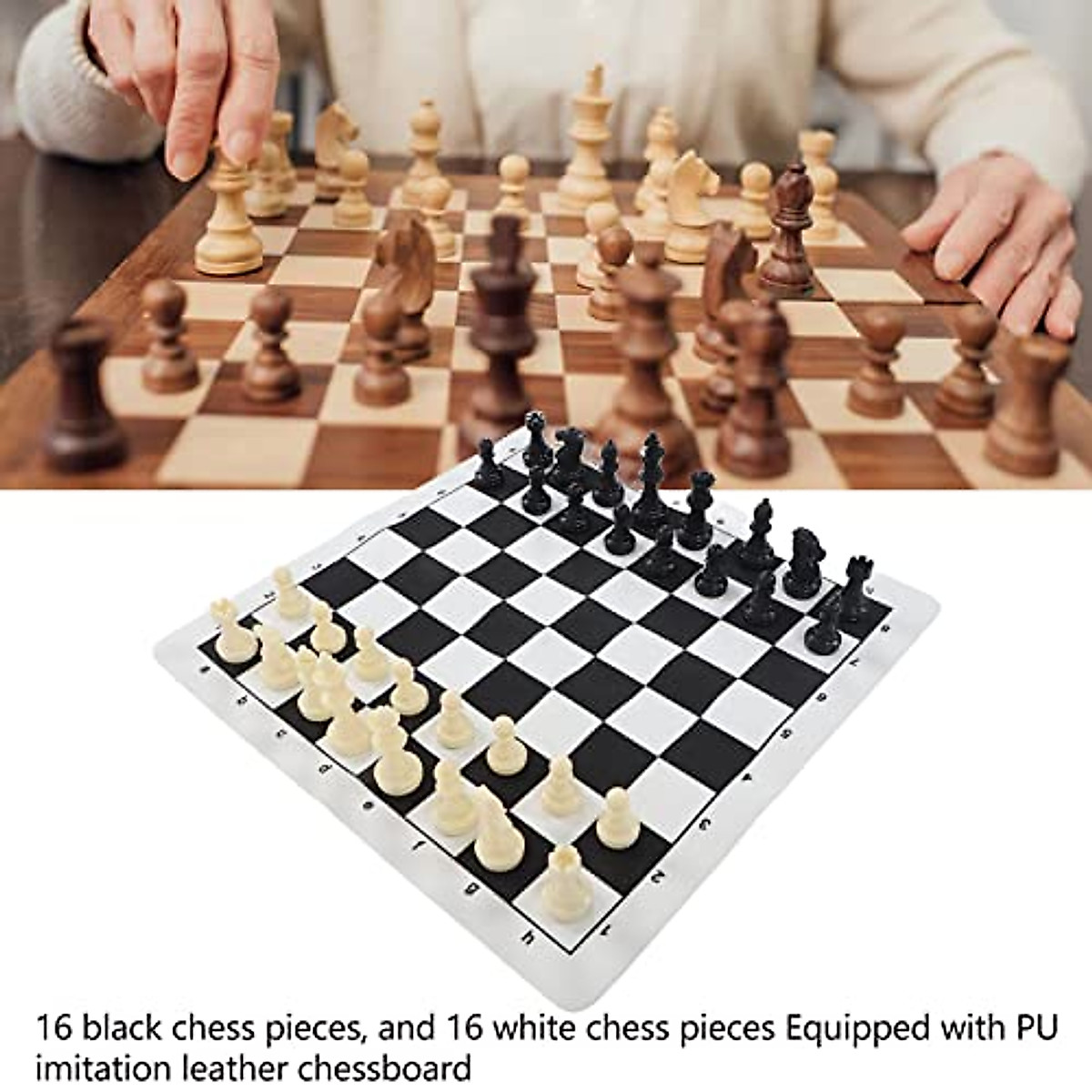 DAUERHAFT International Chess Set, 32Pcs Chess Pieces Portable PU Leather Chessboard Chess Set with Storage Bag, 65mm / 2.56in King Height Non Slip Bottom Board Game Set, for Outdoor Camping