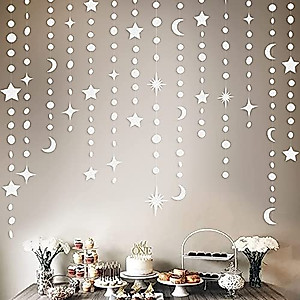 White Star Moon Circle Dot Garland Party Decoration Hanging Crescent Twinkle Little Star Streamer Bunting Banner for Wedding Engagement Anniversary Bridal Shower Kids Birthday Baby Shower Decor