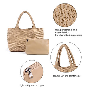 Lmkids Woven Bag for Women, Vegan Leather Tote Bag Large Summer Beach Travel Handbag and Purse Retro Handmade Shoulder Bag (Khaki)