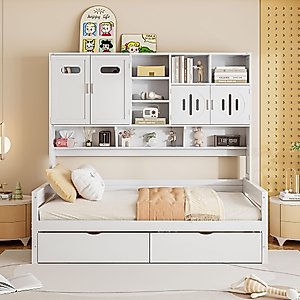 Merax Twin Size Wooden Daybed with 2 Drawers & Bookcase Headboard, and All-in-One Storage Cabinet and Shelf, White