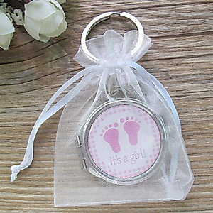 12 PCS Personalized Baby Shower Pink Girl Mirror Keychain Favors with Baby Footprint Design Custom Engraving Gift