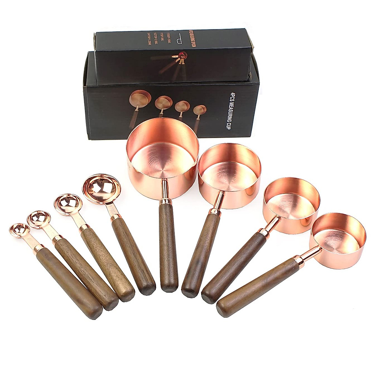 Kitchen Rose Gold Measuring Spoons and Cups Tool Set 8 piece, Dual Scale Unit, Walnut Wood Handle, Stainless Steel Mirror Polished for Dry and Liquid Ingredients Kitchen Cooking Baking Set