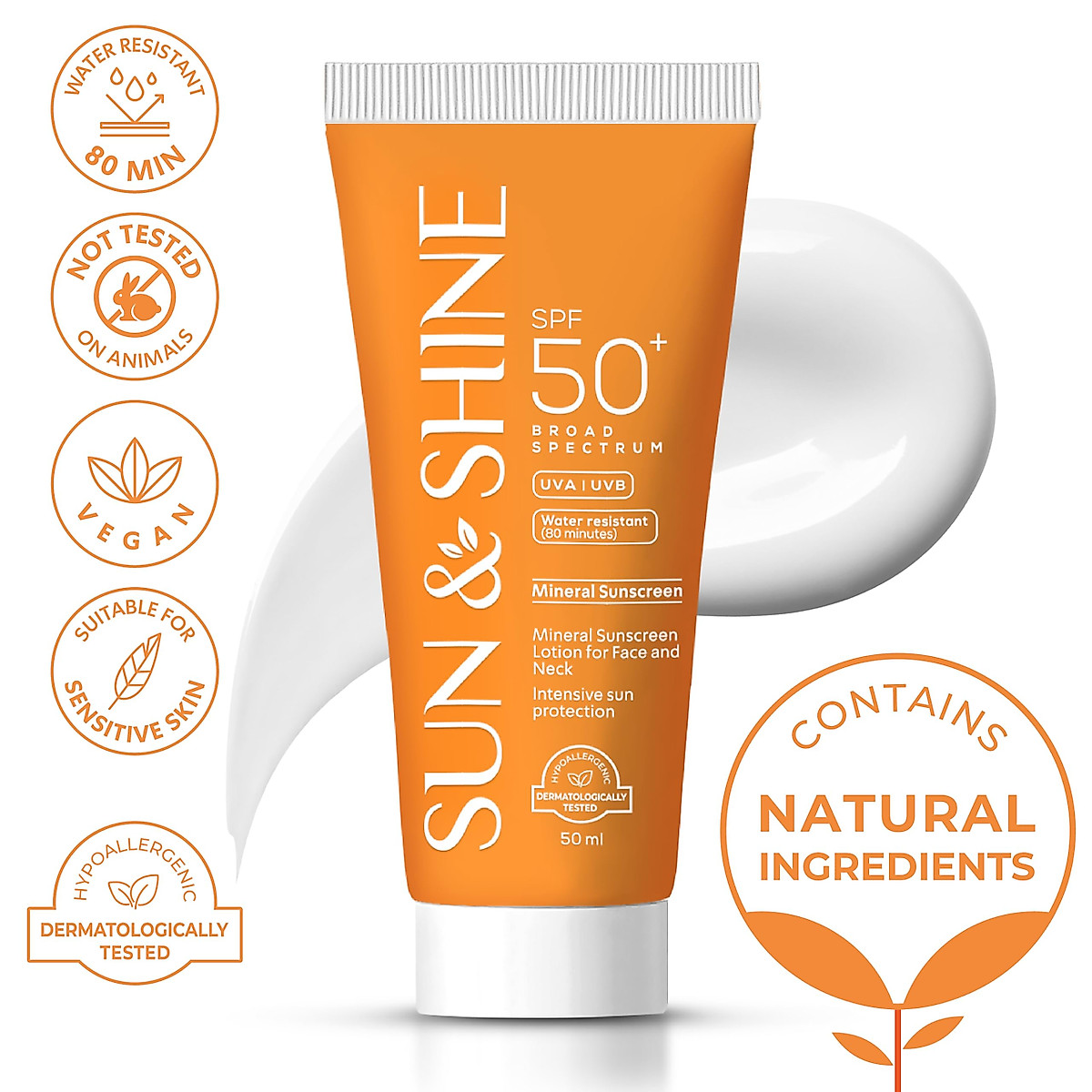 Sun&Shine 100% mineral sunscreen zinc oxide for Sensitive Skin: SPF50+ Broad Spectrum UVA UVB, Face sunscreen lotionreef safe, fragrance free 1.7 Oz