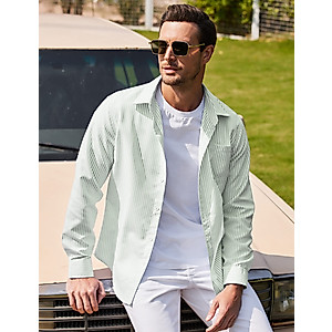 COOFANDY Men Striped Button Down Shirts Slim Fit Untucked Shirt Dress Shirt Jackets Light Green