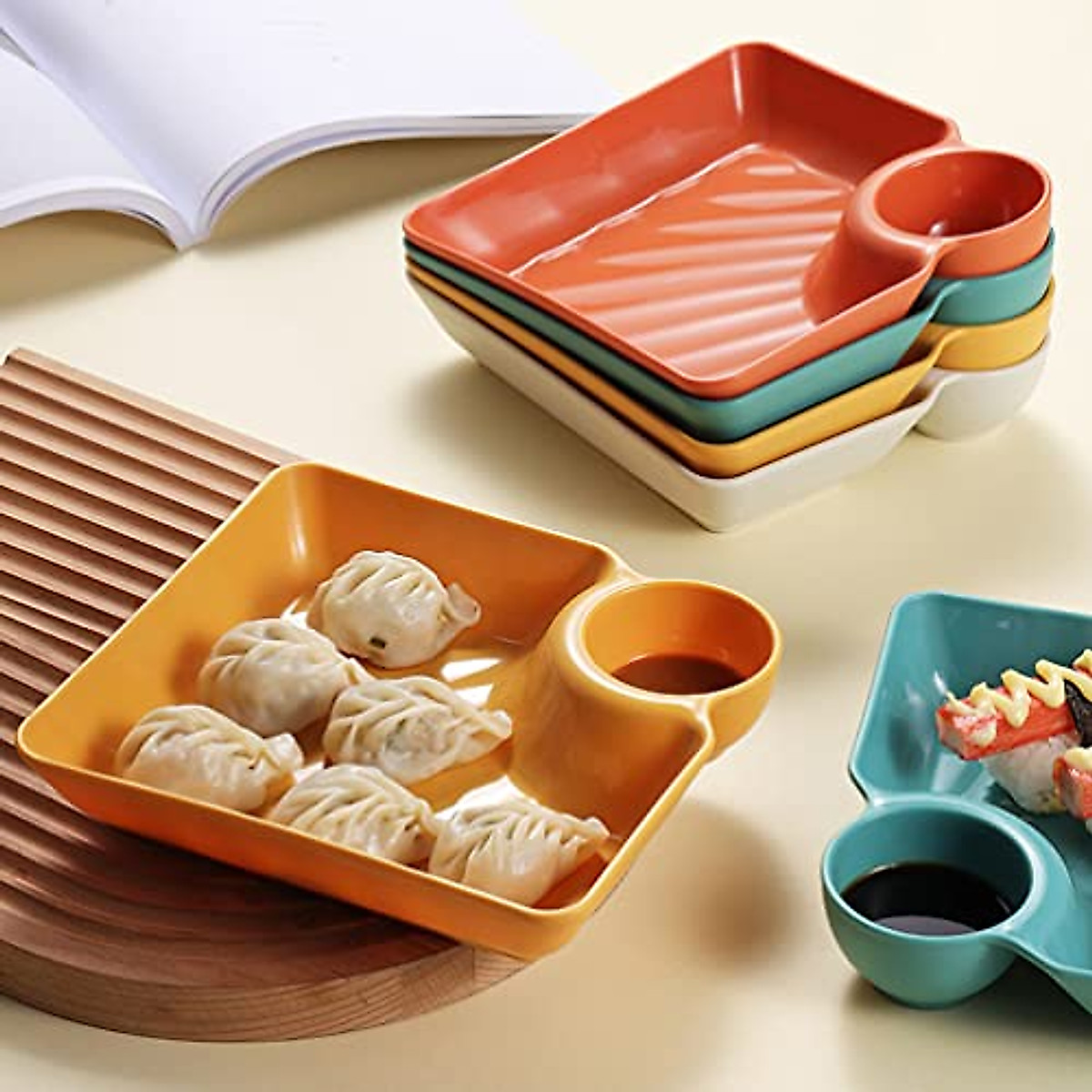 Hemoton Paper Plates 4Pcs Ceramic Dumpling Plate with Sauce Compartment, 7.2 * 7.2 inch Serving Plate with Sauce Holder, Chips and Salsa Plate, Serving Plate with Sauce Divider Platter Cheese Board
