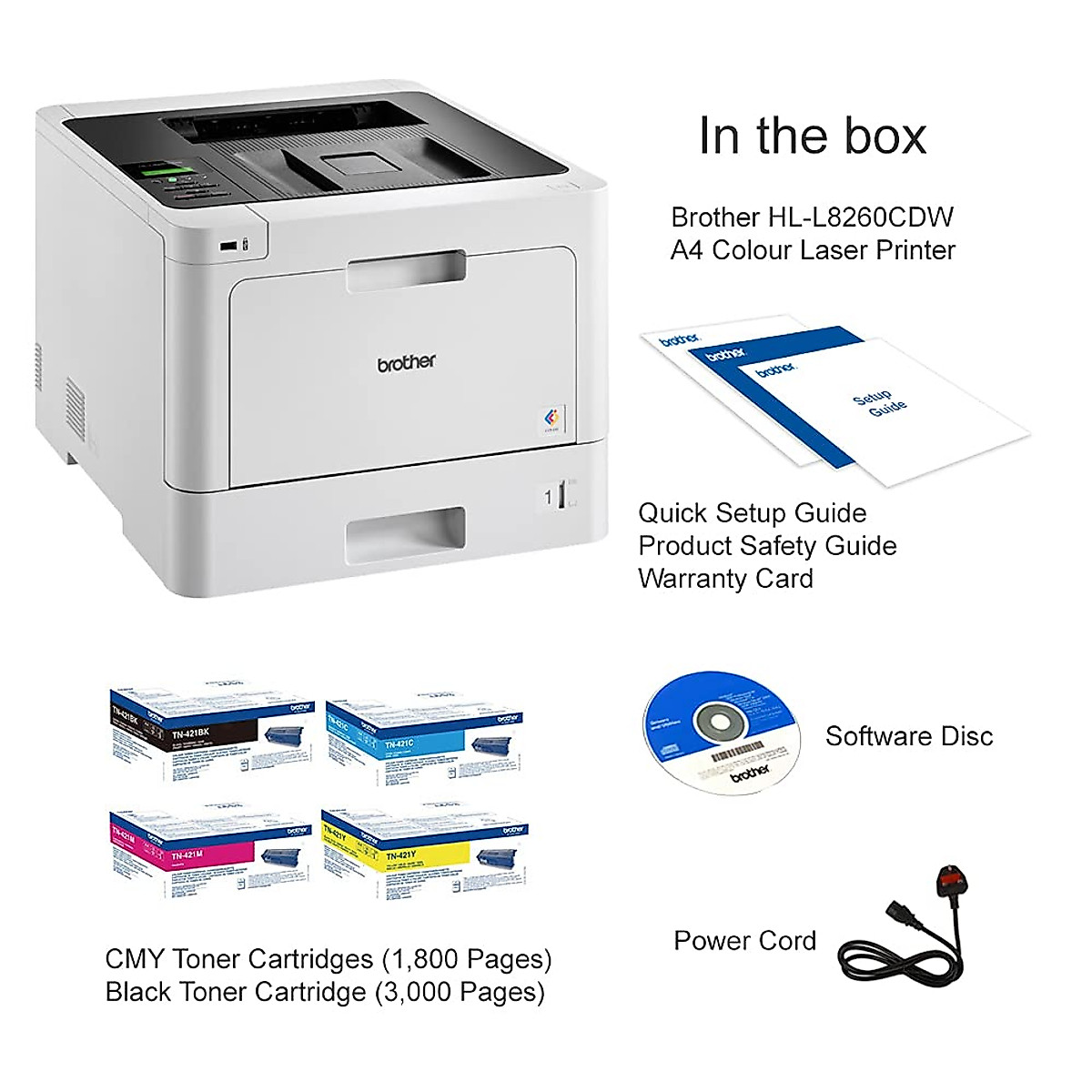 Brother HL-L8260CDW Business Color Laser Printer, Flexible Wireless Networking, Mobile Printing, Speed Up to 33ppm, Automatic Duplex Printing, 2400 x 600 dpi, 250-sheet Capacity, Ethernet, White