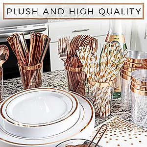 SIRSIMON 250 Piece Disposable Rose Gold Plastic Dinnerware Set - 50 Rose Gold Plastic Plates - 25 Rose Gold Plastic Silverware - 25 RoseGold Cups and Straws - 50 Fancy Napkins, Wedding or Party of 25