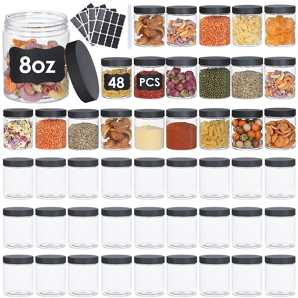 NOIRUC-CZ Jars with Lids, 48pcs 8 oz Plastic Containers with Lids Pen Labels Leak Proof BPA Free Airtight Refillable Clear Small Containers Storage Jars for Storing Dry Food Makeup Slime Honey Jam