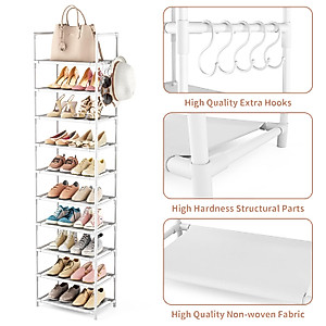 LANTEFUL 10 Tiers Tall Shoe Rack 20-25 Pairs Boots Organizer Storage Sturdy Narrow Shoe Shelf for Entryway, Closets with Hooks, White