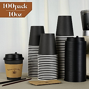 LITOPAK 100 Pack 10 oz Paper Coffee Cups, Drinking Cups for Hot Coffee Chocolate Drinks, Disposable Coffee Cups with Lids, Sleeves and Stirring Sticks, Black Hot Coffee Cups for Home and Cafes.