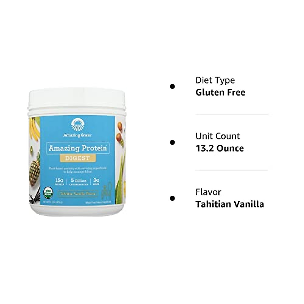 Amazing Grass DIGEST Vegan Protein Powder, Plant Based with Probiotics + Fiber to Manage Bloat, Tahitian Vanilla, 15 Servings