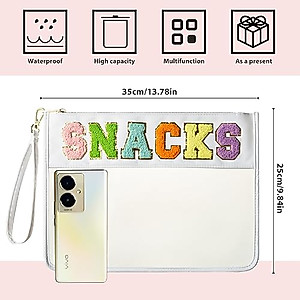 HANAMO Chenille Letter Clear Bag Snacks, Snacks Bag Chenille Waterproof Nylon Transparent Bag Chenille Letter Bag Snacks Pouch Clear Cosmetic Bag with Zipper Portable Makeup Wrist Bag