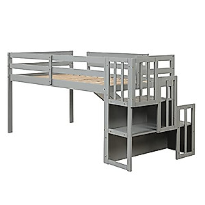 ODC Low Loft Bed with Slide and Storage Shelves, Solid Wood Twin Size Loft Bed Frame with Storage Stairs, Safety Guardrails for Toddlers, Kids Teens, No Box Spring Needed