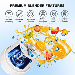 Portable Blender, Yidata Personal 16 Oz Rechargable Smooth Blender with Ultra-sharp Blades Handheld Blender for Travel, Office & Sports (White)