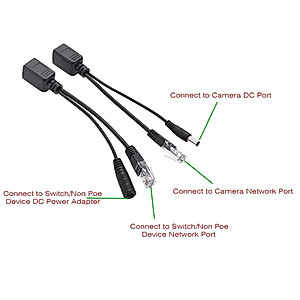 HUACAM Passive POE Injector and POE Splitter Kit with 5.5 x 2.1 mm DC Male and Female Power Adapter Connector POE Separator for RJ45 Power Over Ethernet (1 Pair)