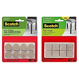 Scotch Felt Pads, Felt Furniture Pads for Protecting Hardwood Floors, Round, 32 Pads & Felt Pads, Felt Furniture Pads for Protecting Hardwood Floors, Square, Beige, 1 in. x 1 in, 16 Pads