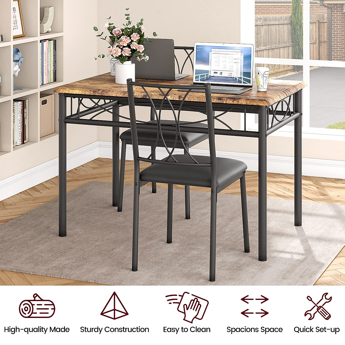 IDEALHOUSE Dining Table Set for 4, Kitchen Table and Chairs, Rectangular Dining Room Table Set with 4 Upholstered Chairs, 5 Piece Dining Table Set for Small Space, Apartment, Rustic Brown