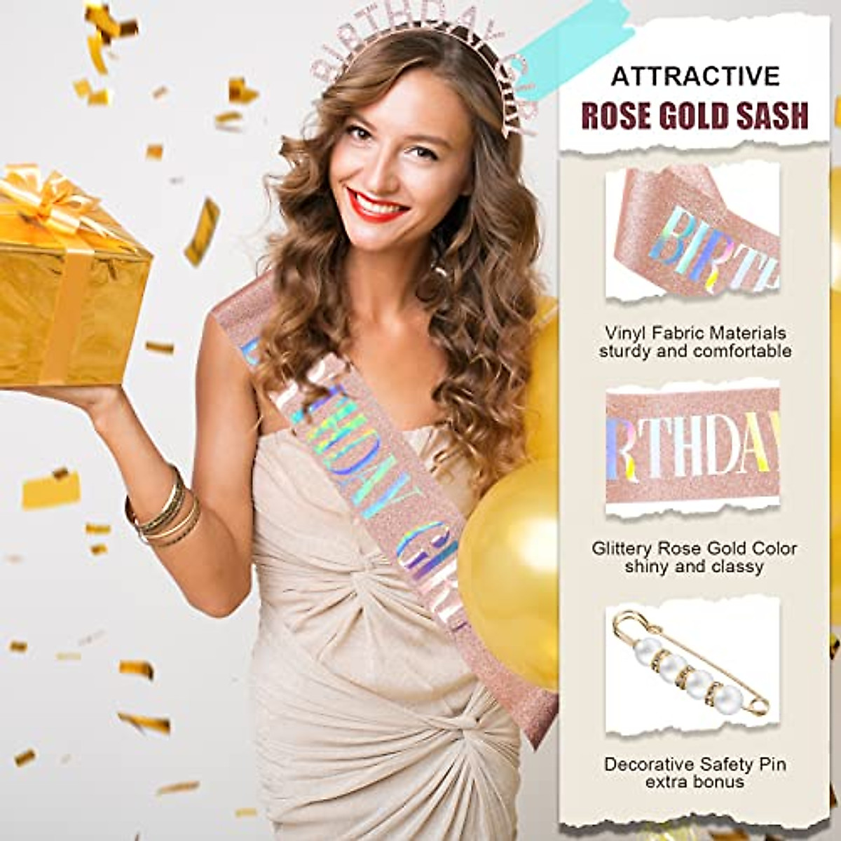 Birthday Crown for Girls, ADIIL Birthday Girl Sash and Birthday Tiara for Women Set, Rose Gold Birthday Girl Headband and Birthday Sash for Women, Happy Birthday Accessories Gifts