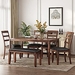 ODC 6-Piece Dining Set, Wooden Rectangular Kitchen Table with Bench and 4 Padded Chairs w/Fabric Cushion, Family Furniture for Six People, 7-Espresso