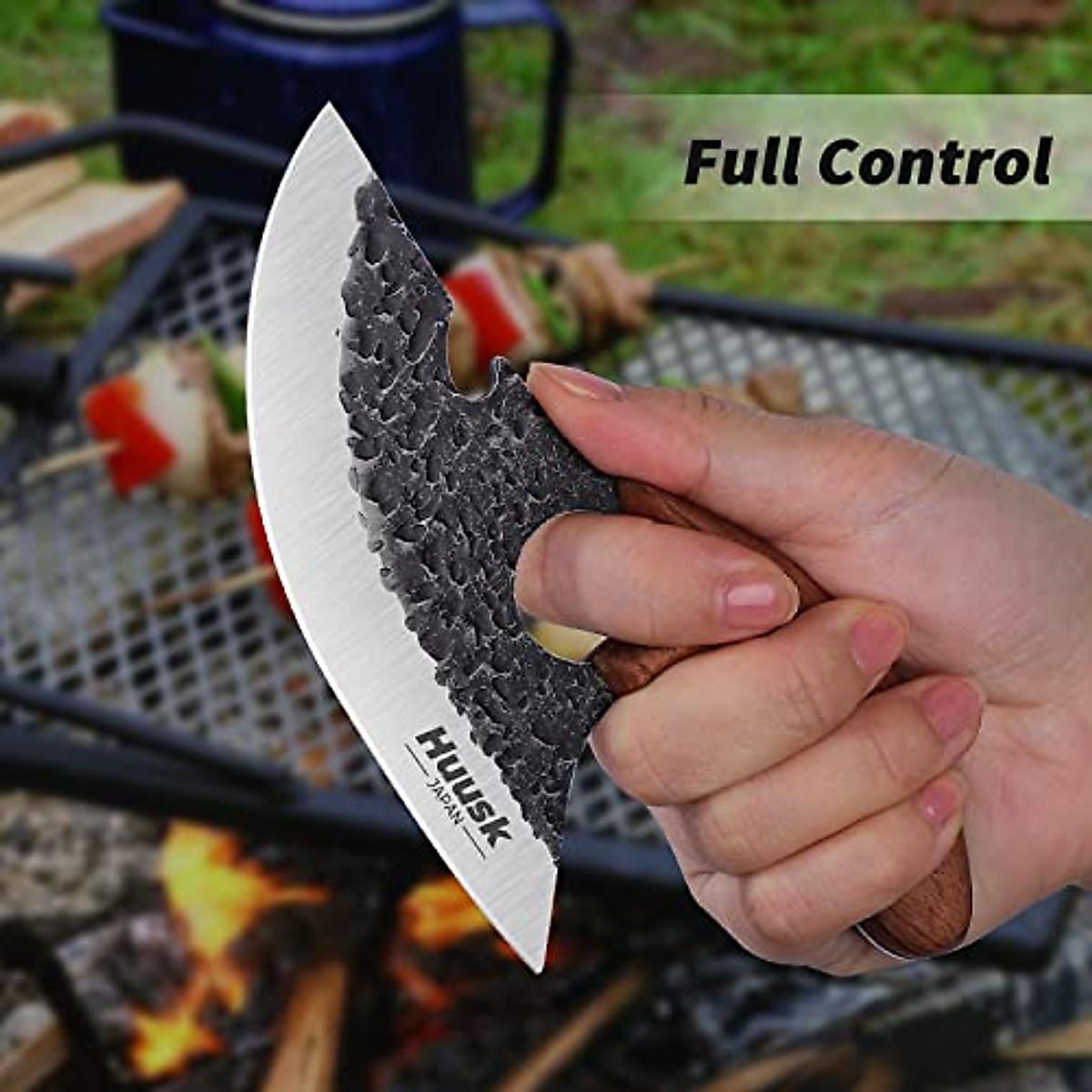 Huusk Japan Knife, Viking Boning Knife for Meat Cutting, Small Ulu knife, Caveman Ultimo Knife Hand Forged Full Tang Knife for Kitchen or Camping Thanksgiving Christmas Gifts Light Black Blade