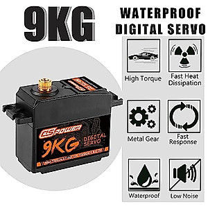 DSPOWER 9KG Waterproof Plastic Digital Servo Metal Gear High Torque Motor Servos with 25T Servo Horn for 1/8 1/10 1/12 RC Drift Car On Road Off Road Buggy Baja Boat Drones Aircraft Helicopter Robot.