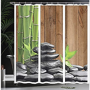 Ambesonne Art Decor Collection, Spa Zen Basalt Stones and Bamboo Trees Picture Print, Polyester Fabric Bathroom Shower Curtain Set with Hooks, Green/Dark Gray/Brown